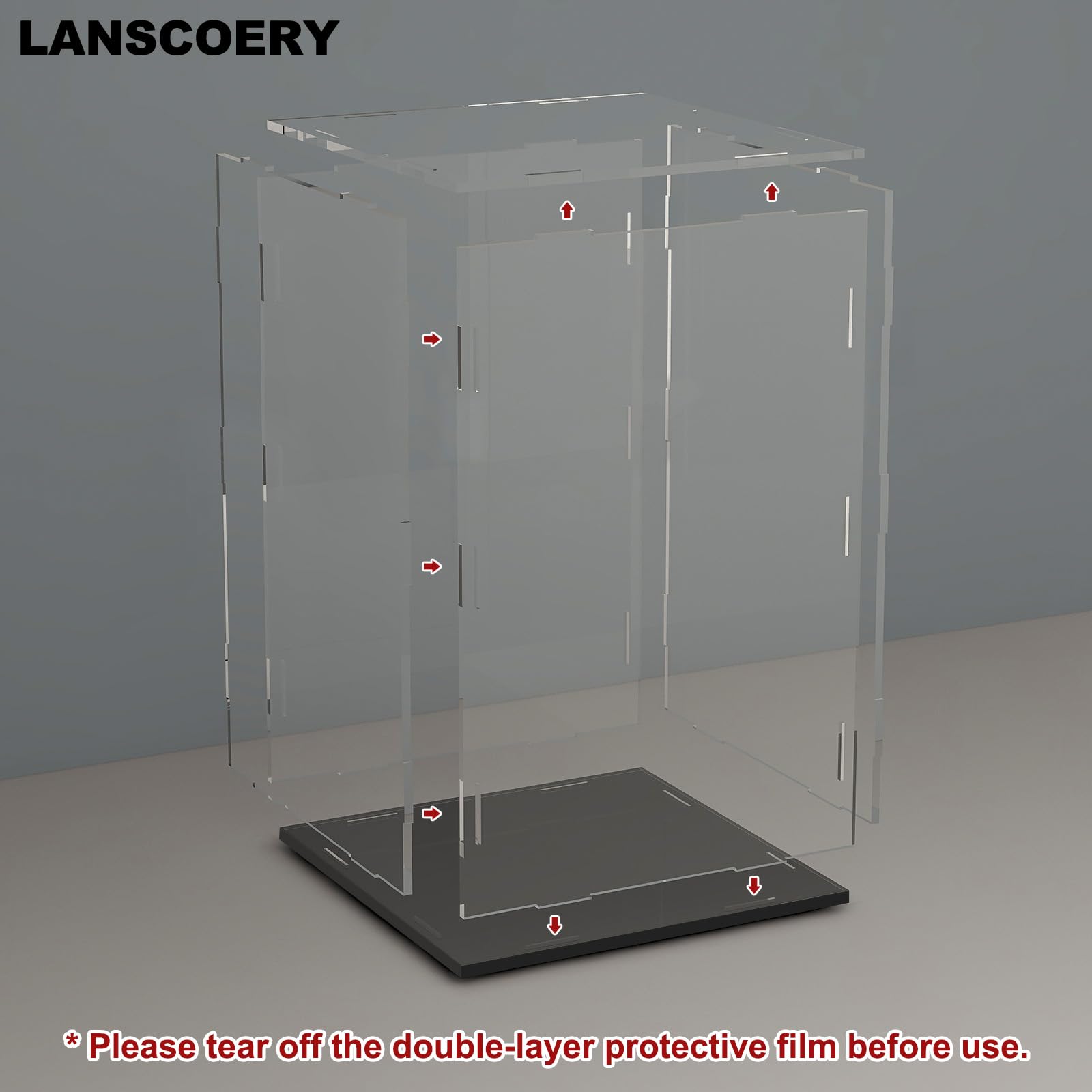 LANSCOERY Acrylic Display Case, Assemble Showcase Display Box for Collectibles, with Dustproof & Seamless Display Design, Compatible with Lego R2-D2 43217 75304 Collectibles 8x8x12inch Black Base