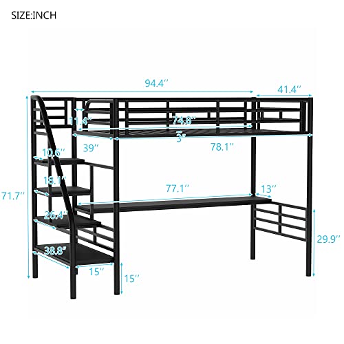 GLORHOME Metal Twin Size Loft Bed with Long Desk & Safety Stairway,Space-Saving Kids Loftbed Frame for Kids Teens Children, No Box Spring Needed, Black