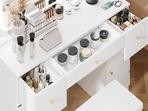 ClouDDwell Makeup Vanity Desk with Large Mirror and LED Lights, 3 Lighting Modes and Power Outlet. Makeup Vanity with 3 Drawers,2 Cabinets and Chair, Stool with Storage, for Bedroom, White, 1 Case