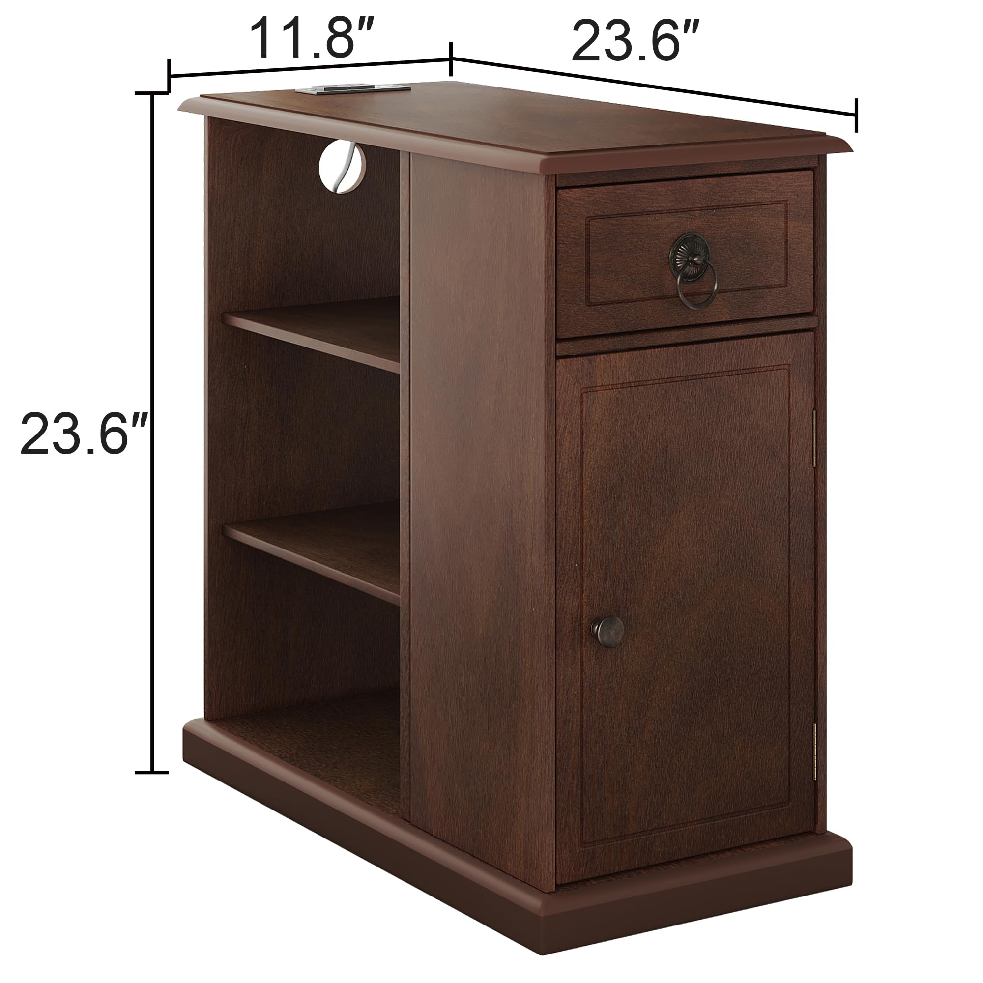 ChooChoo Farmhouse XXL End Table with Charging Station,Narrow Sofa Side Table with Adjustale Shelf, 3 Tier Rustic Night Stand for Small Place Living Room, Cherry Brown