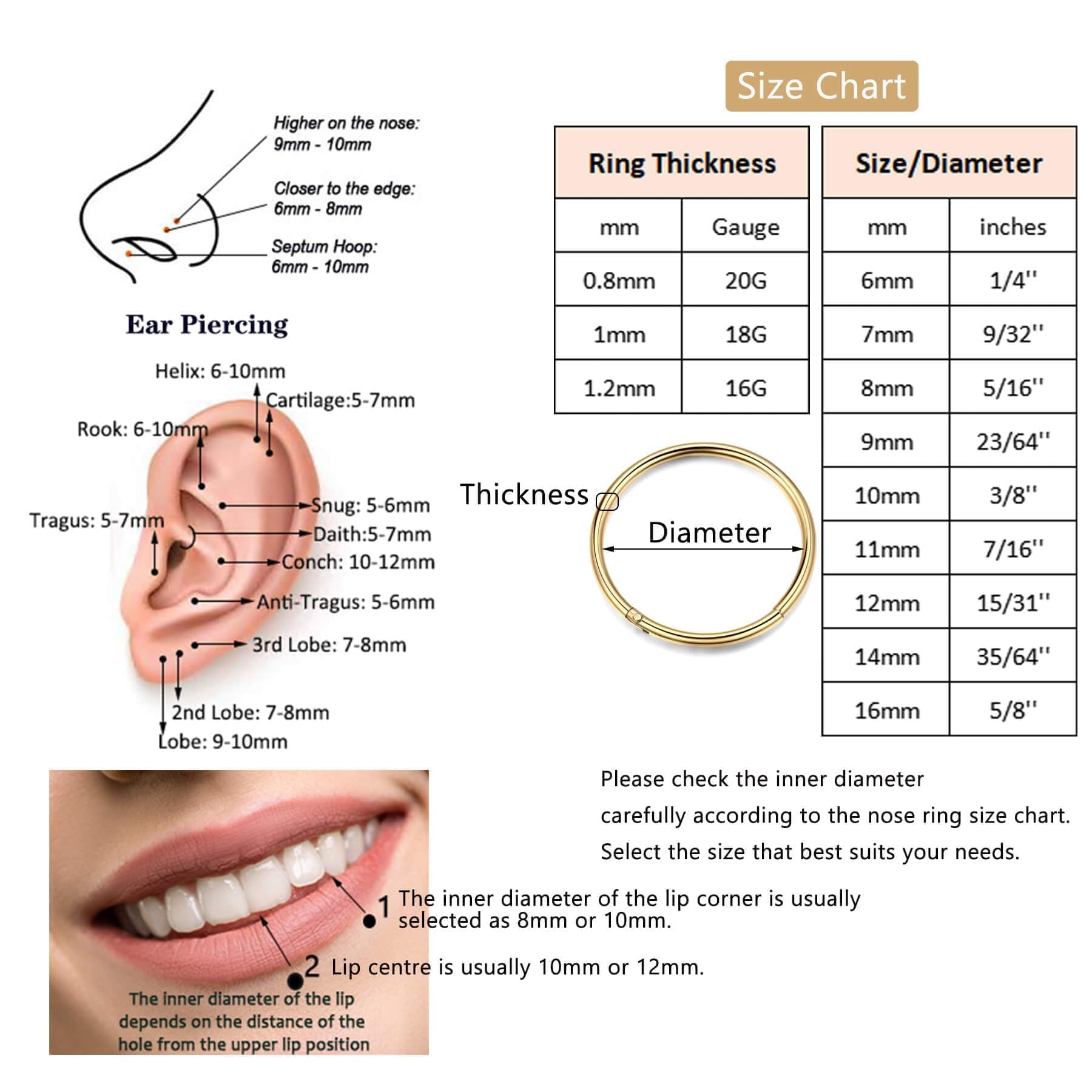 Lantine Hinged 20g Cartilage Earring Hoop Nose Rings 6mm 8mm 10mm Set Clicker Triple Double Forward Helix Hoops Earrings(3Pcs a Set)