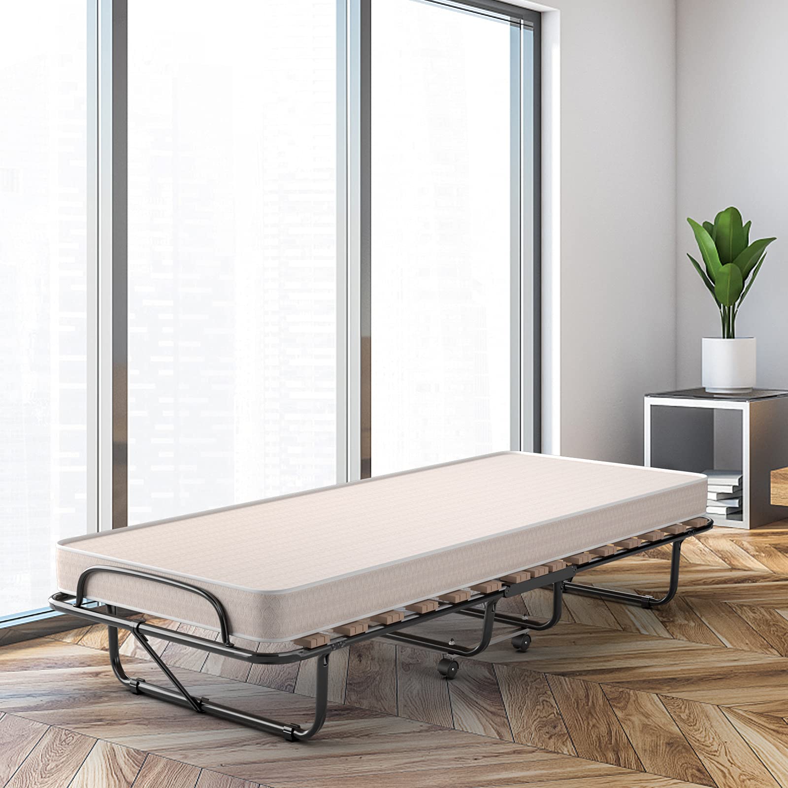 GOFLAME Rollaway Beds with Memory Foam Mattress, Folding Bed Cot Size for Adults, Portable Guest Beds with Sturdy Metal Frame for Spare Bedroom & Office