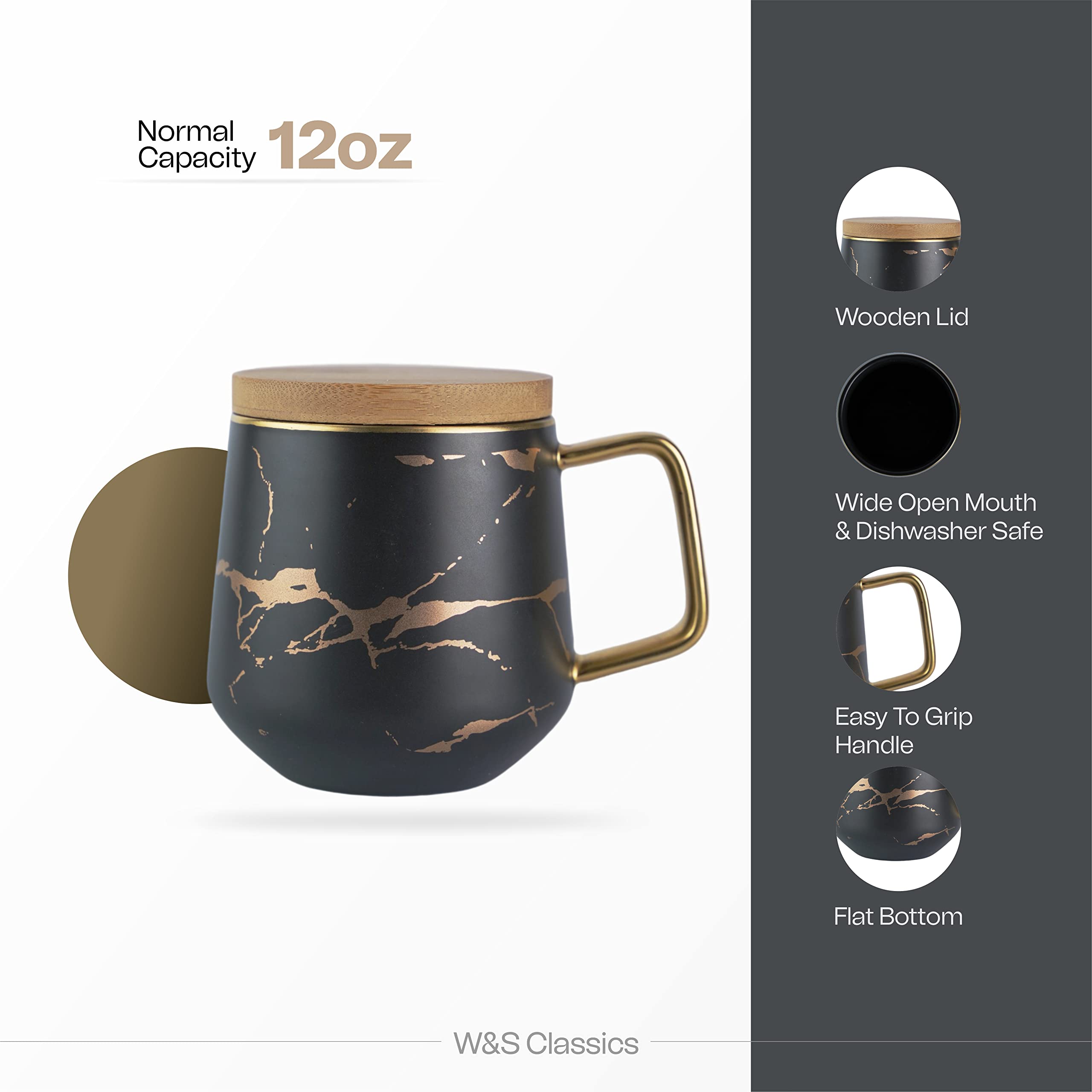 Classic Ceramic Kintsugi Style Black Coffee Tea Mug with Gold Inlay, Spoon and Bamboo Lid- 12 OZ, Large Mugs for Men and Women, Unique Design, Perfect Novelty Gift- Dishwasher Safe