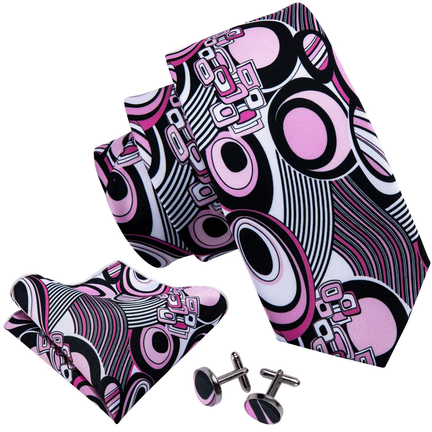 Barry.Wang Men Tie Set Print Pink Black White Silk Necktie Pocket Square Cufflinks Formal Wedding Party Business Festival