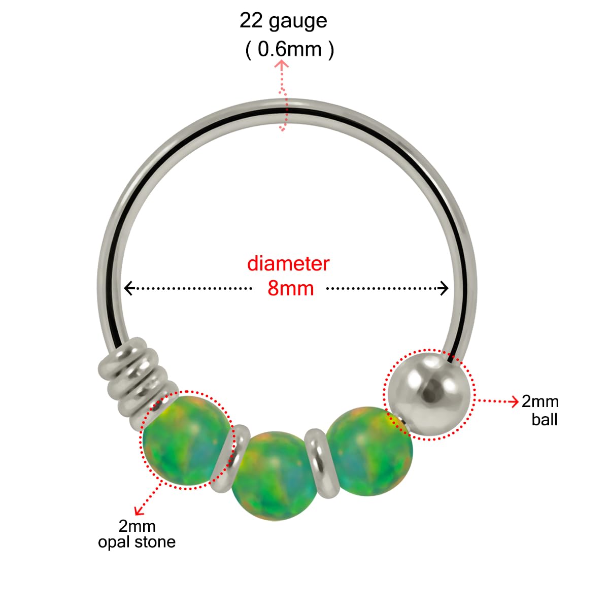 AtoZ Piercing Triple Fire White Opal Ball on 9K Solid White Gold 22 Gauge Hoop Nose Ring Jewelry