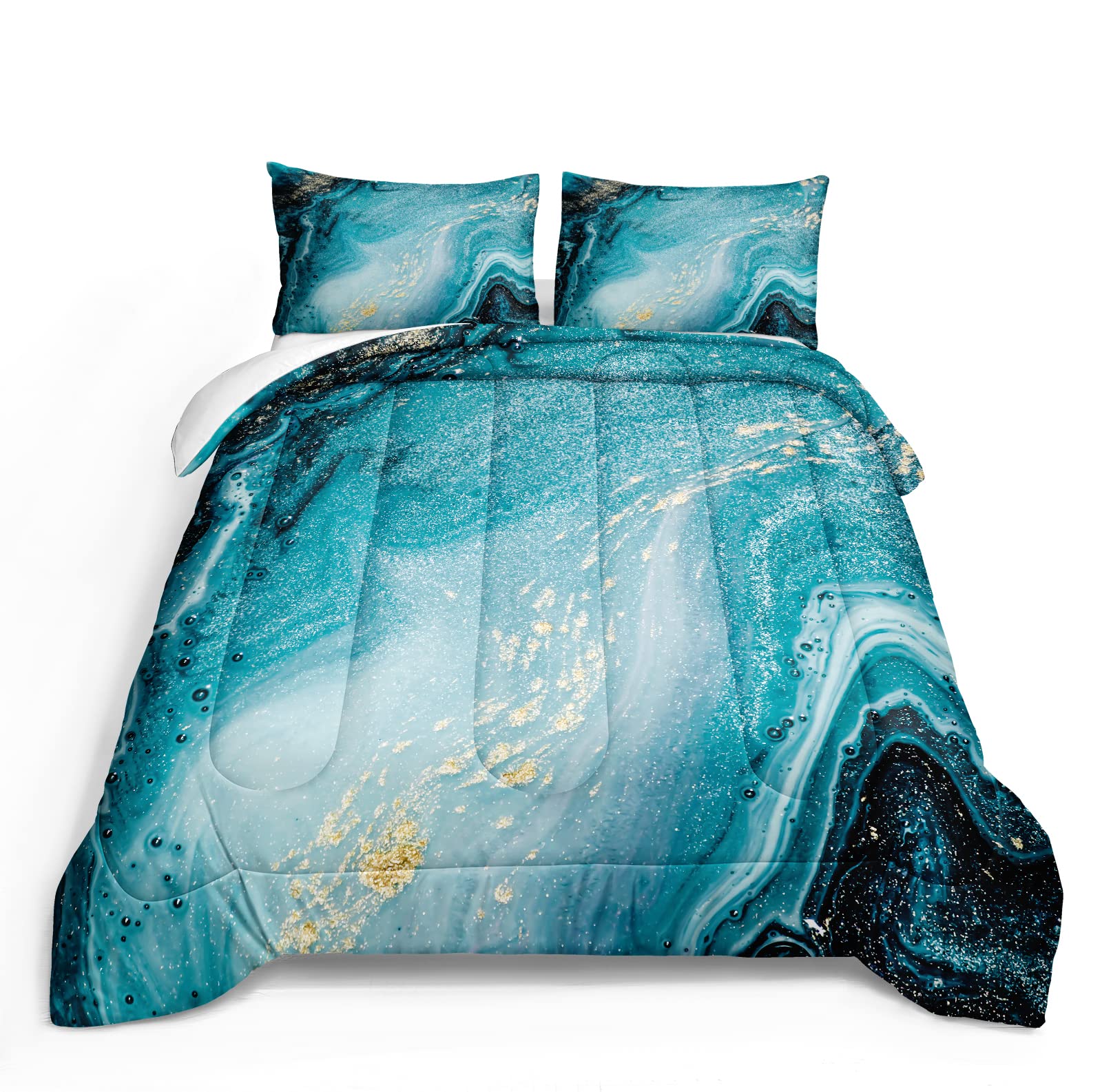 Bedbay Blue and Gold Marble Bedding Comforter Set Queen Size Teal Bedding Boys Girls Queen Duvet Set 3 Pcs Modern Marble Texture Quilt Set Bedroom Guest Room Decor Soft and Lightweight(Blue,Queen)