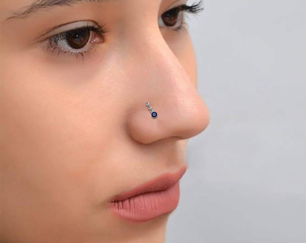 AtoZ Piercing White Jeweled Ball Chain Top 22 Gauge - 8MM Length Silver Straight End Nose Stud Nose Pin