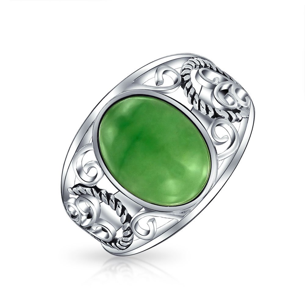 Bling Jewelry Boho Bali Oval Cabochon Dyed Green Jade Rope Scroll Filigree Statement Band Ring For Women .925 Sterling Silver August Birthstone