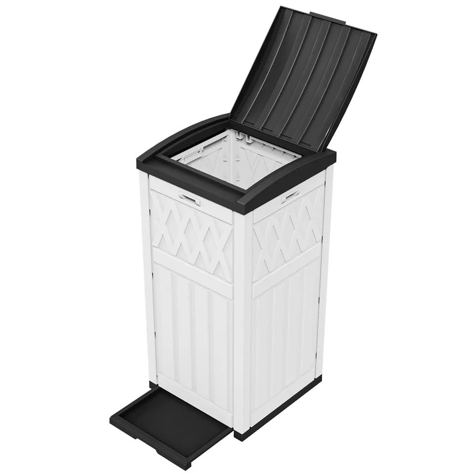 Denominate Outdoor Trash Can with Tiered Lid and Drip Tray Gray, 33 Gallon Size, Waterproof Garbage Bin for Patio or Yard Debris Management