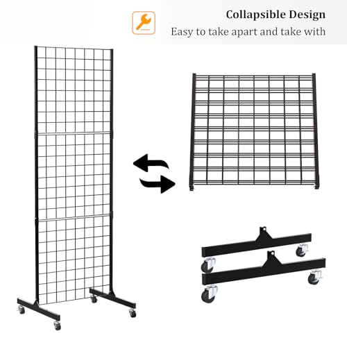 Bonnlo 2' x 6' Detachable Girdwall for Easy Transport, Standing Grid Tower, Thicker 5mm Wire, 180 LBS Weight Capacity Grid Panel with Legs and Extra Hooks, Display Rack for Retail and Craft Fair (1)