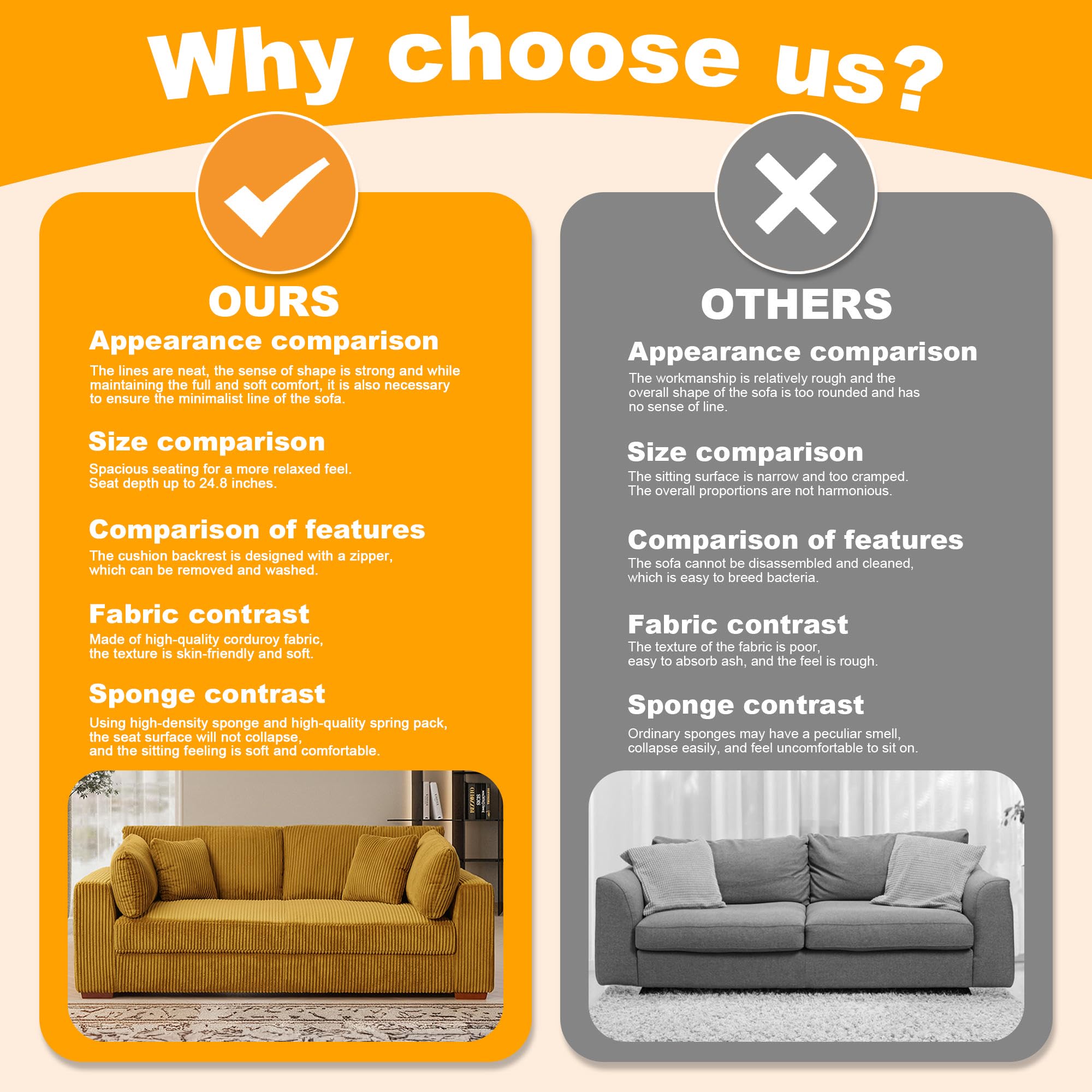 Chorlenimi Modern Upholstered Sofa, Soft Corduroy Fabric 3 Seater Small Couch with Armrest, 4 Pillows, Removable Back and Seat Cushions for Living Room and Bedroom (Yellow)