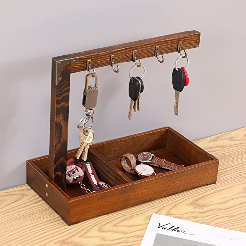 Entryway Hanging Key Holder with 5 Hooks for Desk Tabletop,Solid Wood Jewelry Storage Tray,Home Decorative Key Rack Organizer,L11.8''*W5.9''*H9.8ββ, Black Walnut