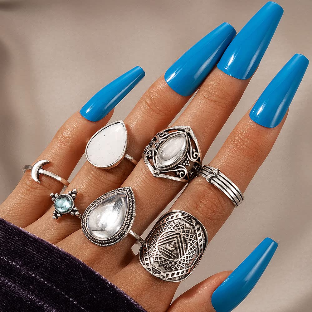 Asphire 7pcs Bohemian Joint Knuckle Rings Set Opal Gemstone Stackable Midi Ring Band Vintage Carved Geometric Finger Rings Sapphire Chunky Ring Pack for Women (Style 5)