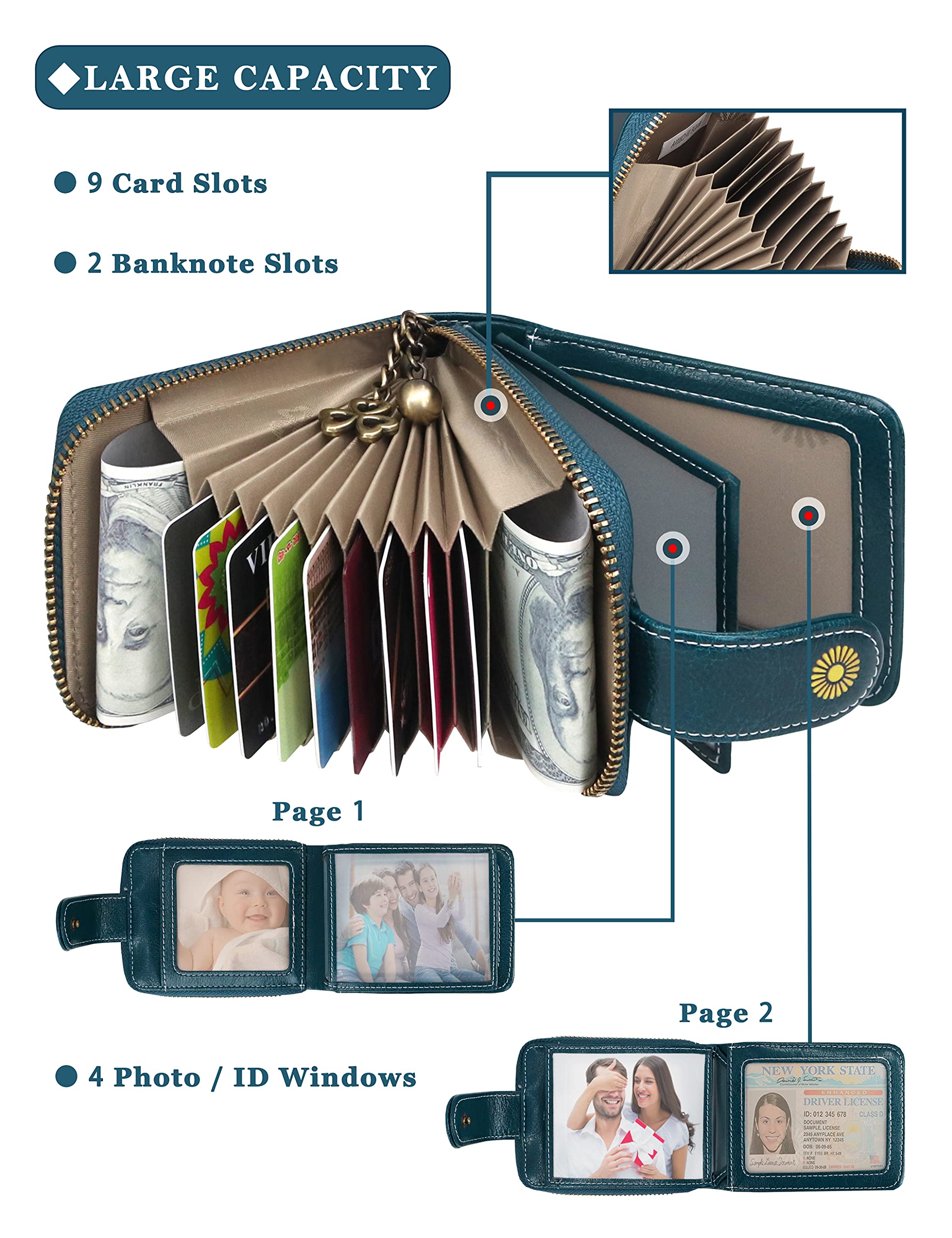 IamaCos Women Credit Card Wallet Bifold Artificial Leather Wallets RFID Blocking Zipper Card Holder 9 Card Slots 4 ID Windows Cute Pendant Blue