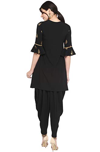 Janasya Indian Women's Black Poly Crepe Kurti with Dhoti Pant(SET182-KR-DH)