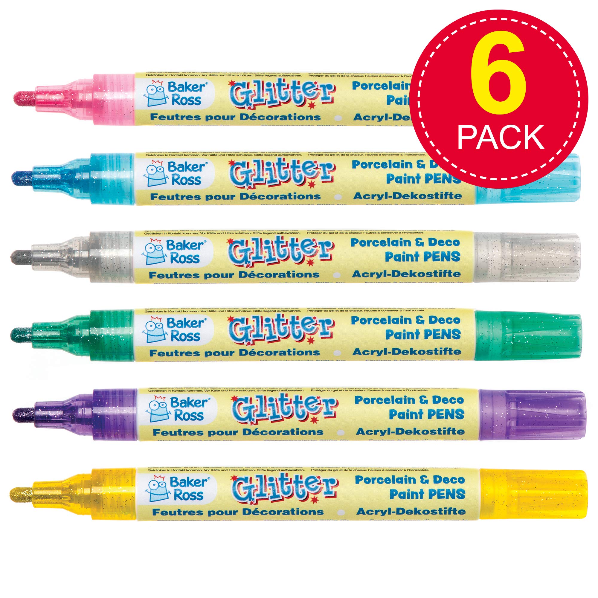 Baker Ross AT520 Paint Markers - Pack of 6, Acrylic Glitter Marker Set, Art and Craft Supplies