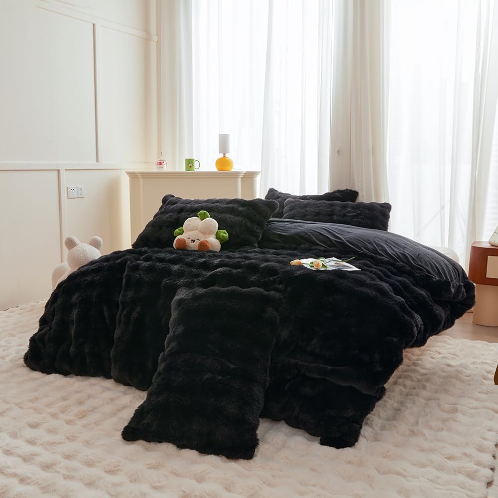 chovy Kids Girls Rabbit Plush Black Bread Grid Comforter Cover Duvet Cover Full - 3PC Faux Fur Bed Set Soft Warm Velvet Flannel Fluffy Fuzzy Bedding(Comforter x 1 Pillowcases x 2)