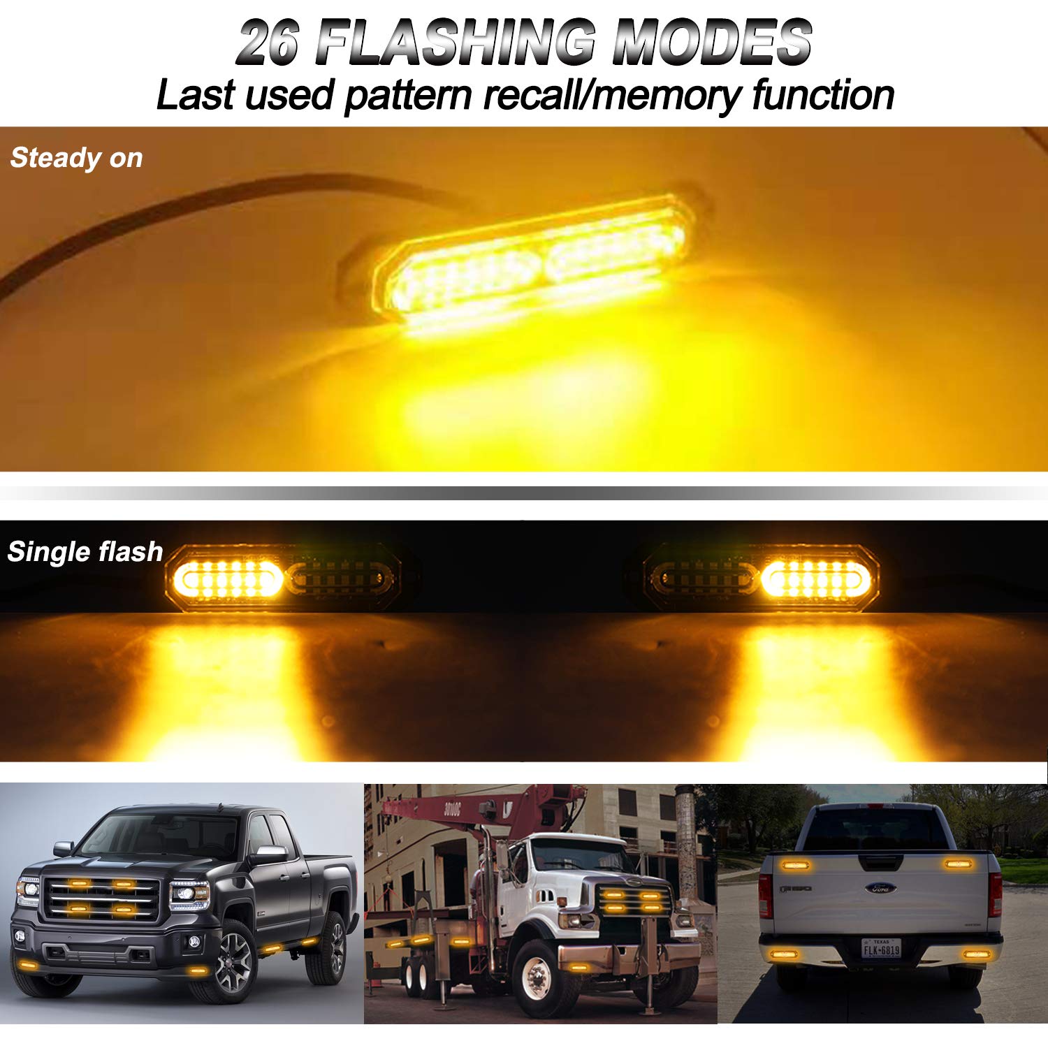 ASPL 8pcs Sync Feature Ultra Slim 12-LED Surface Mount Flashing Strobe Lights for Truck Car Vehicle LED Mini Grille Light Head Emergency Beacon Hazard Warning lights (Amber)