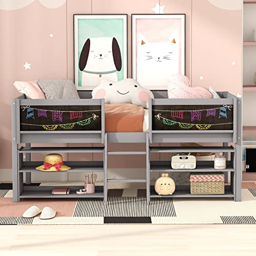 Low Loft Beds with 2 Movable Shelves Twin Loft Bed Frame with Chalkboard Modern Farmhouse Junior Bed for Kids Boys Girls, Gray