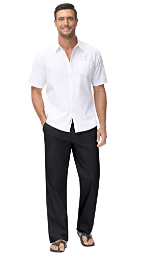 Janmid Men Casual Beach Trousers Linen Summer Pants Black 3XL