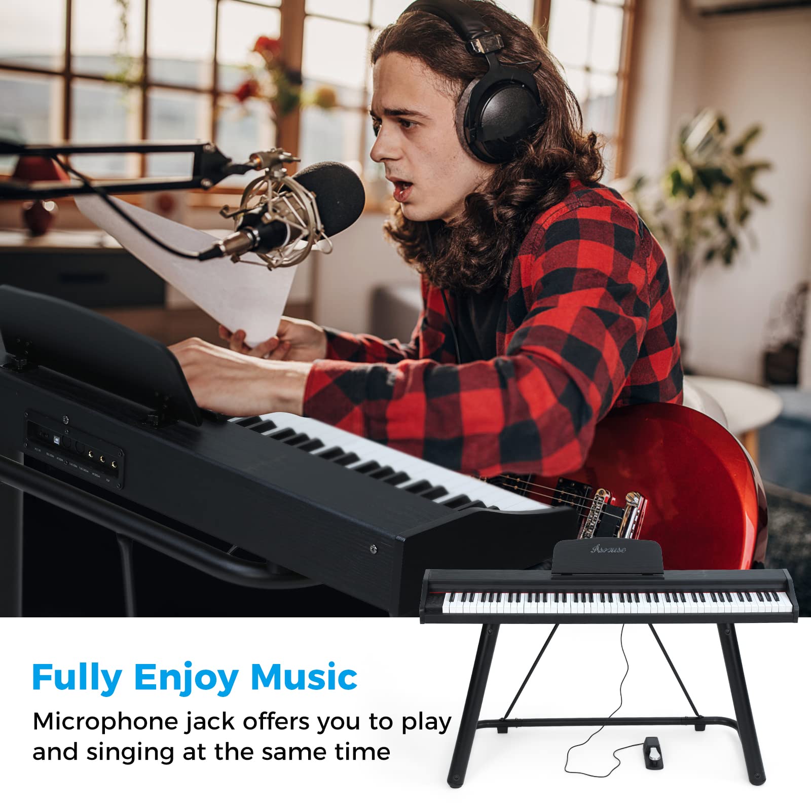 Asmuse 88-Key Full Size Digital Piano, Electronic Keyboard Set With Semi Weighted Keys, Stand, Sustain Pedal, Built-In Speakers, Power Supply (Black)