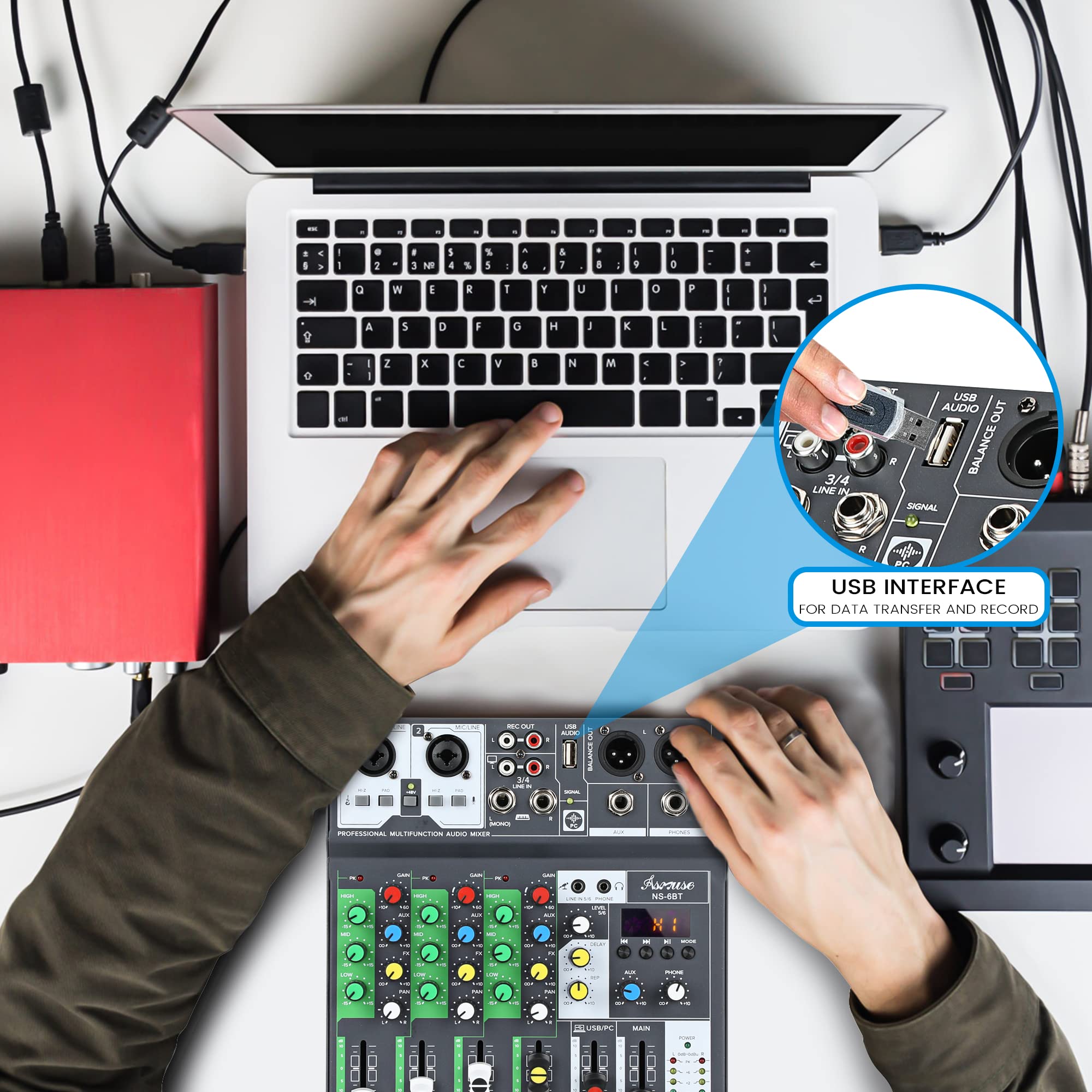 Asmuse Audio Mixer, Professional Sound Board Console System Interface 4 Channel, Bluetooth Dj Sound Mixer Board for Streaming Karaoke PC Guitar, Digital USB MP3 Computer Input 48V Phantom Power Stereo