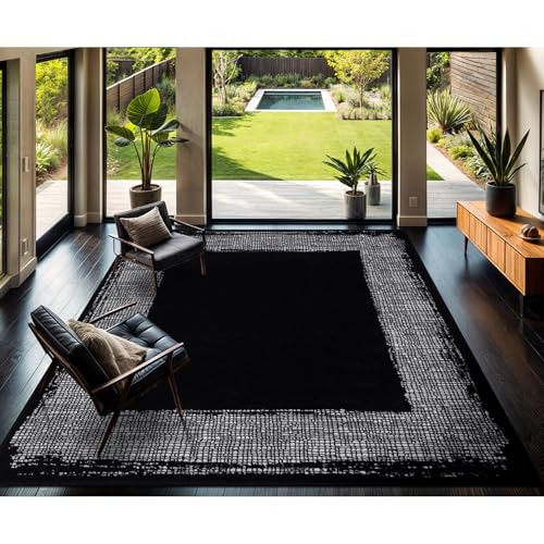 CAMILSON Bordered Black Rug 8x10 Area Rugs for Living Room Bedroom Kitchen Modern Soft Stain Resistant Non-Shedding Indoor Carpet (8 x 10 Black and Cream)
