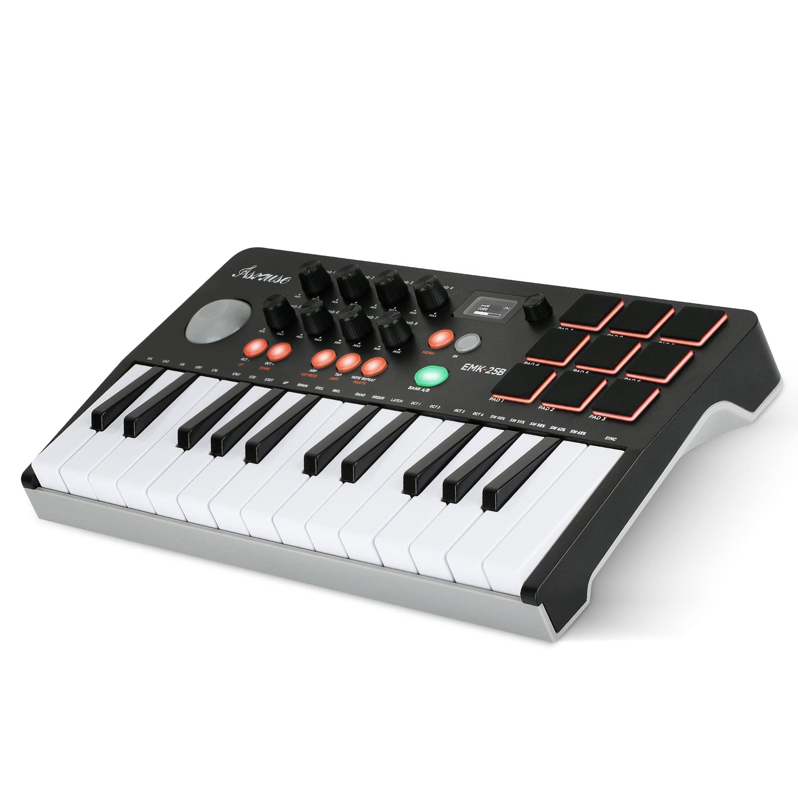 Asmuse EMK-25 Portable MIDI Keyboard, Bluetooth MIDI Keyboard Controller with 9 Backlit Drum Pads, 8 Knobs for Mobile Music Production