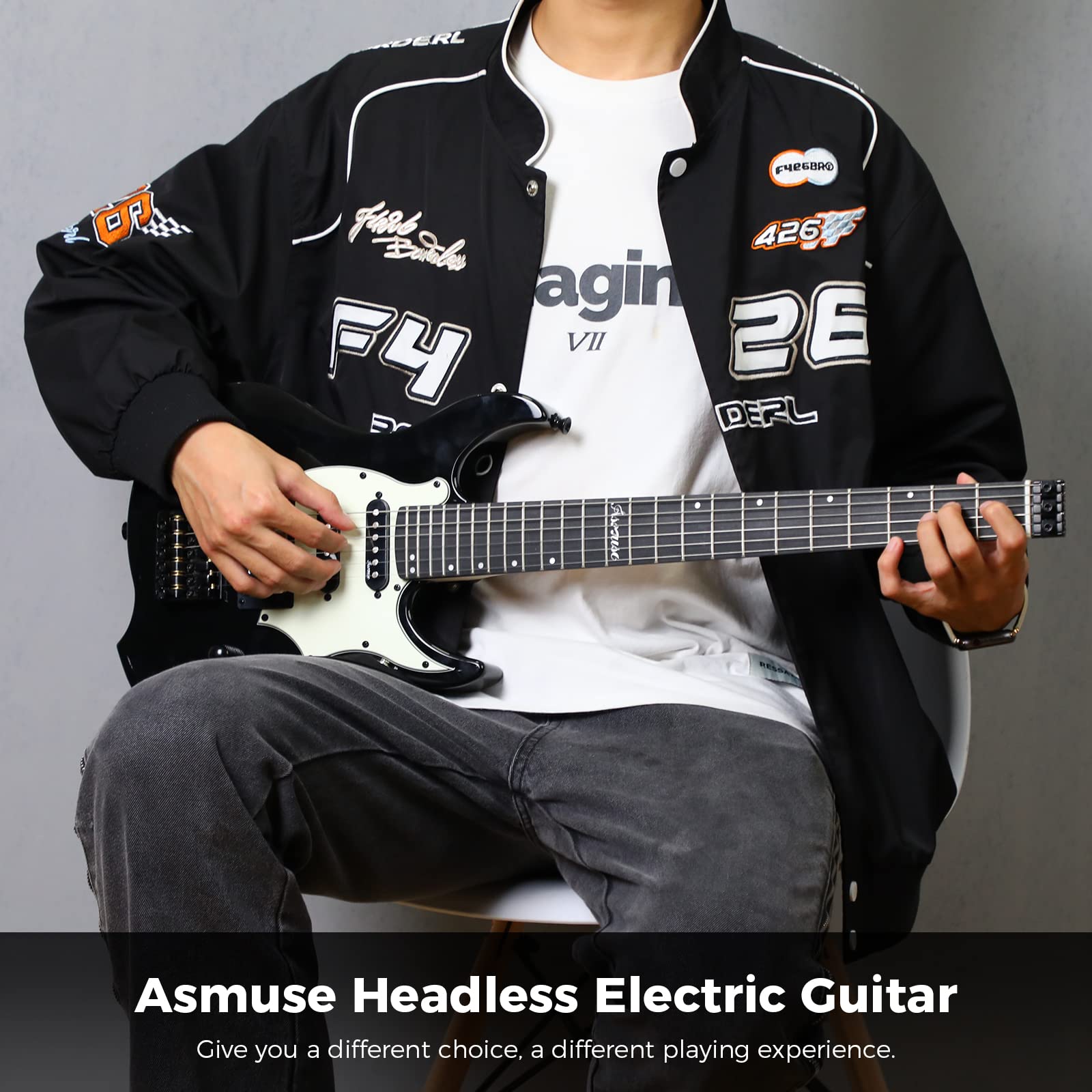 Asmuse Headless Electric Guitar, Full Size Beginner Electric Guitar Kit, HH Pickup Solid Body Electric Guitar, Guitar Starter Set with Gig Bag and Accessories