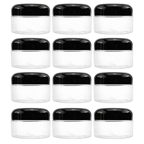 Cornucopia 4-Ounce Clear Plastic Jars (12-Pack); Jars w/Black Domed Lids for Cosmetics, Kitchen Spices, Crafts & Office