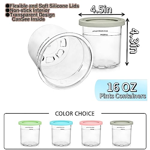 JDPNJSI Containers Replacement for Ninja Creami Pints and Lids - 4 Pack, 16oz Compatible with NC301 NC300 NC299AMZ Series Ice Cream Maker, BPA Free and Dishwasher Safe, Grey/Blue/Pink/Green