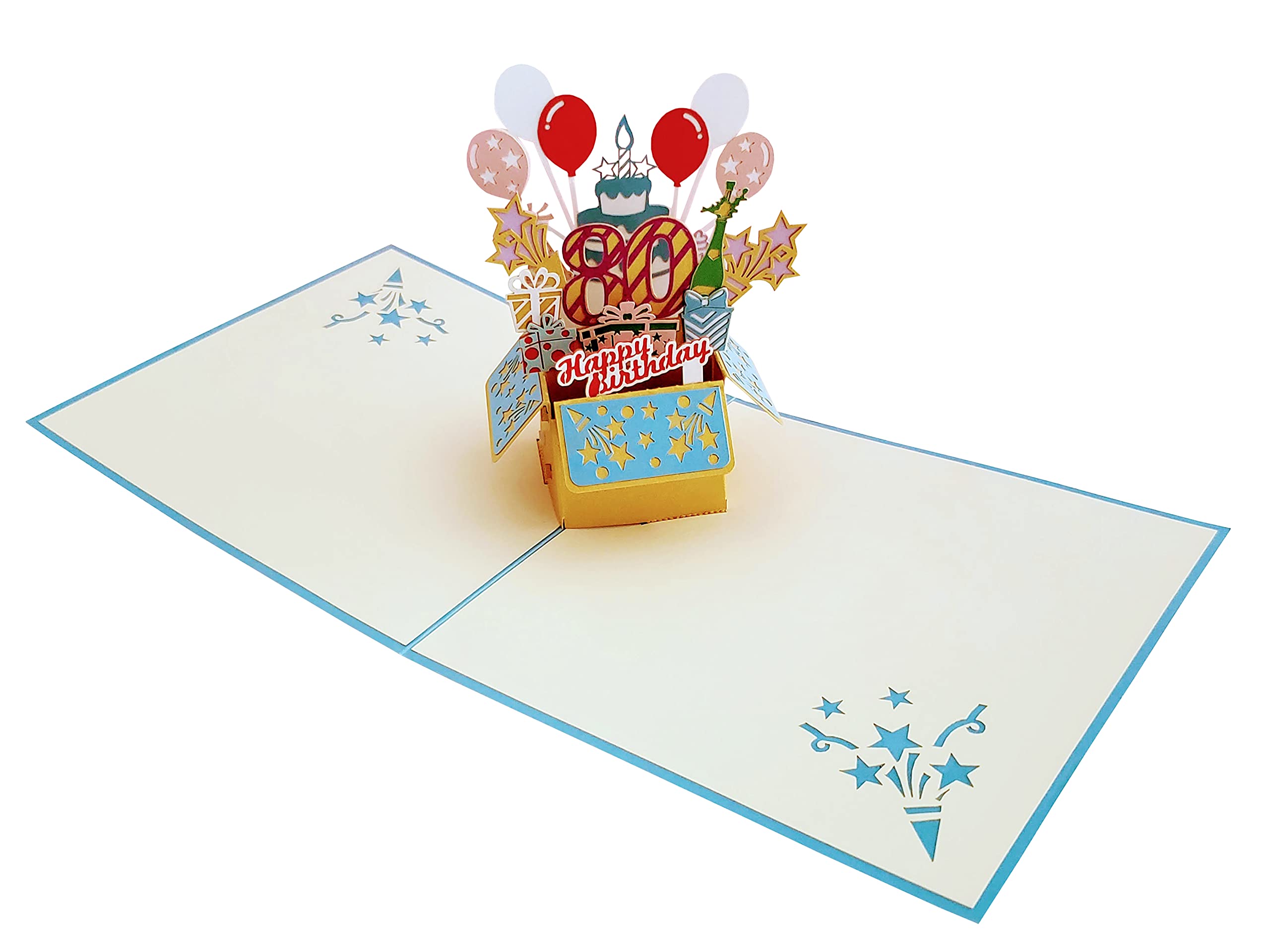 iGifts And Cards Happy 80th Blue Birthday Party Box 3D Pop Up Greeting Card – Eighty, Awesome, Balloons, Unique, Celebration, Feliz Cumpleaños, Fun, Fabulous