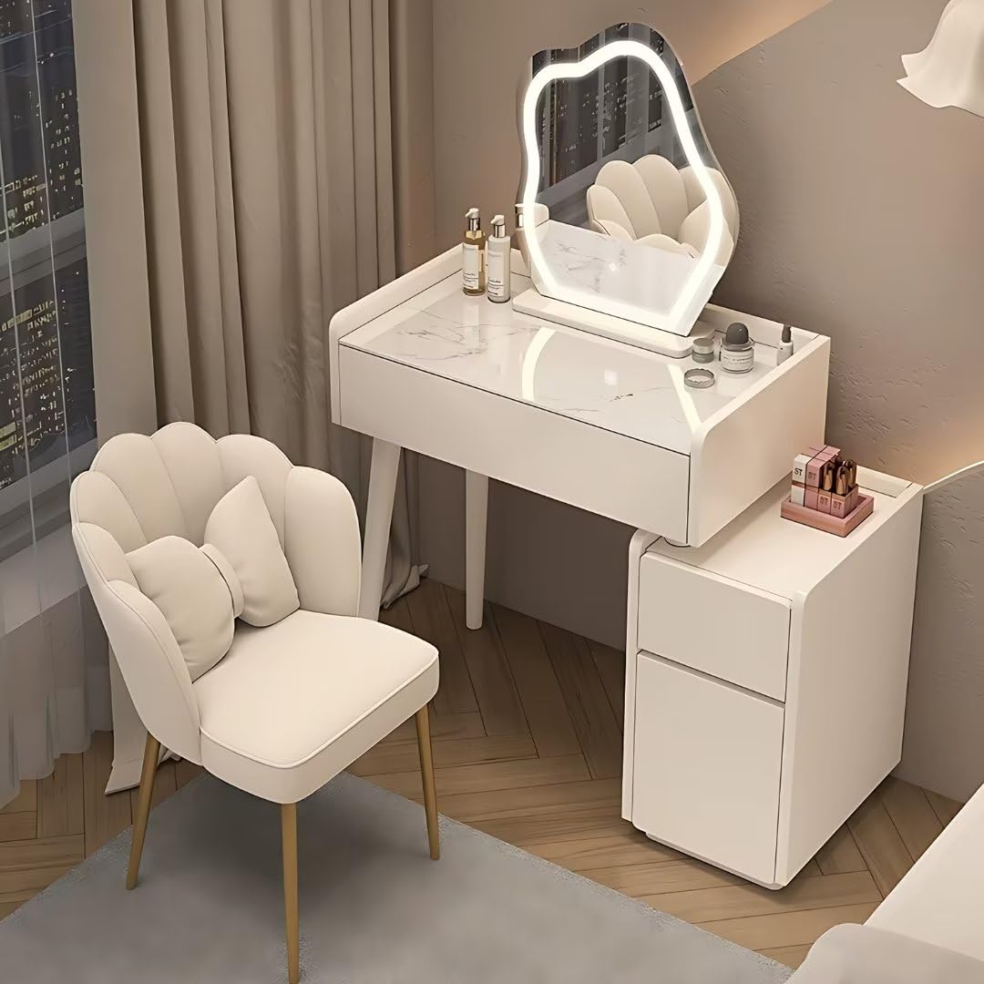 Attega Cute Vanity Desk, Slate Desktop Makeup Vanity Table, Dressing Table Set with LED Makeup Mirror and Petal Chair, Suitable for Small Bedroom (White, 23.6 Inch)