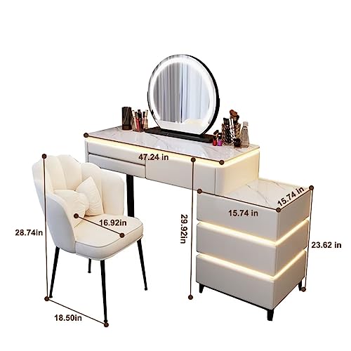 Attega Vanity Set, Makeup Vanity Desk with 6 Drawers and Ambient Light, Solid Wood Frame Vanity Set includes Smart Makeup Mirror and Chair, for Bedroom (47.24", White)