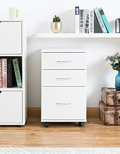 Basicwise Office File Cabinet 3 Drawer Chest with Rolling Casters, Cherry