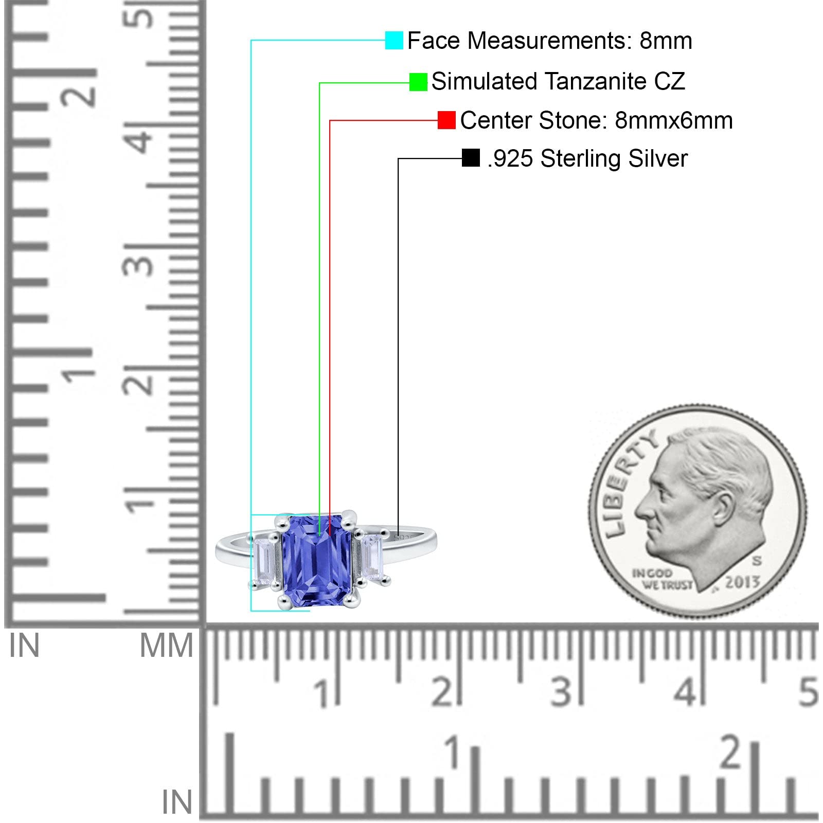 Blue Apple Co. Simulated Tanzanite Cubic Zirconia Size-6 Emerald Cut Art Deco Three Stone Wedding Ring CZ 925 Sterling Silver
