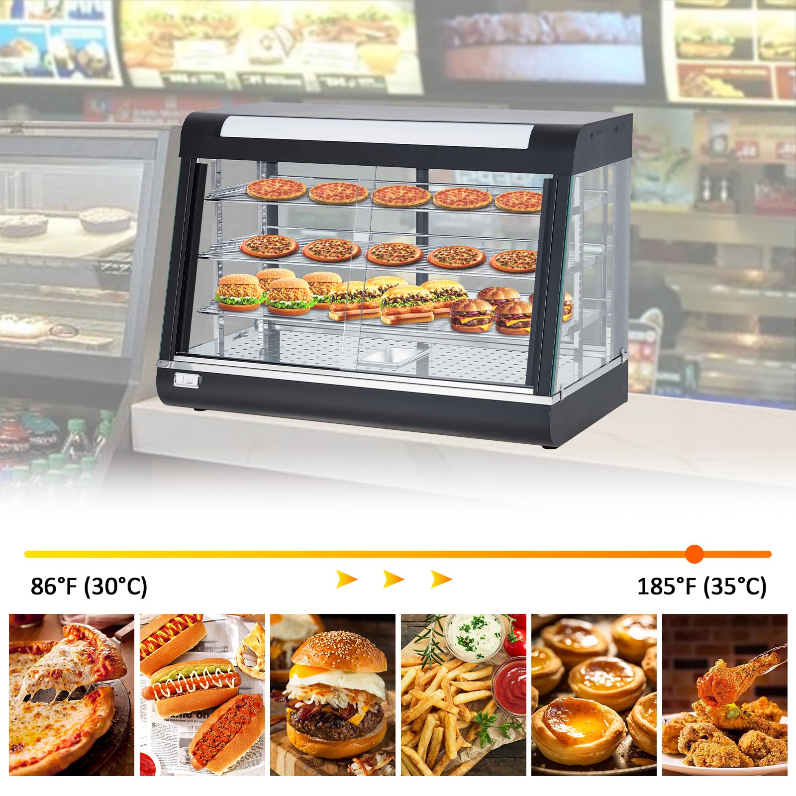 Commercial Food Warmer Display, 35" 3-Layer Pizza Warmer Cabinet with 3D Heating, Countertop Pastry Warmer, Temperature and Light Contral, Stainless Steel Framed Glass Door