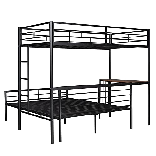 Harper & Bright Designs Twin Over Full Metal Bunk Bed Frame with Desk, Ladder and Quality Slats for Bedroom (Black)