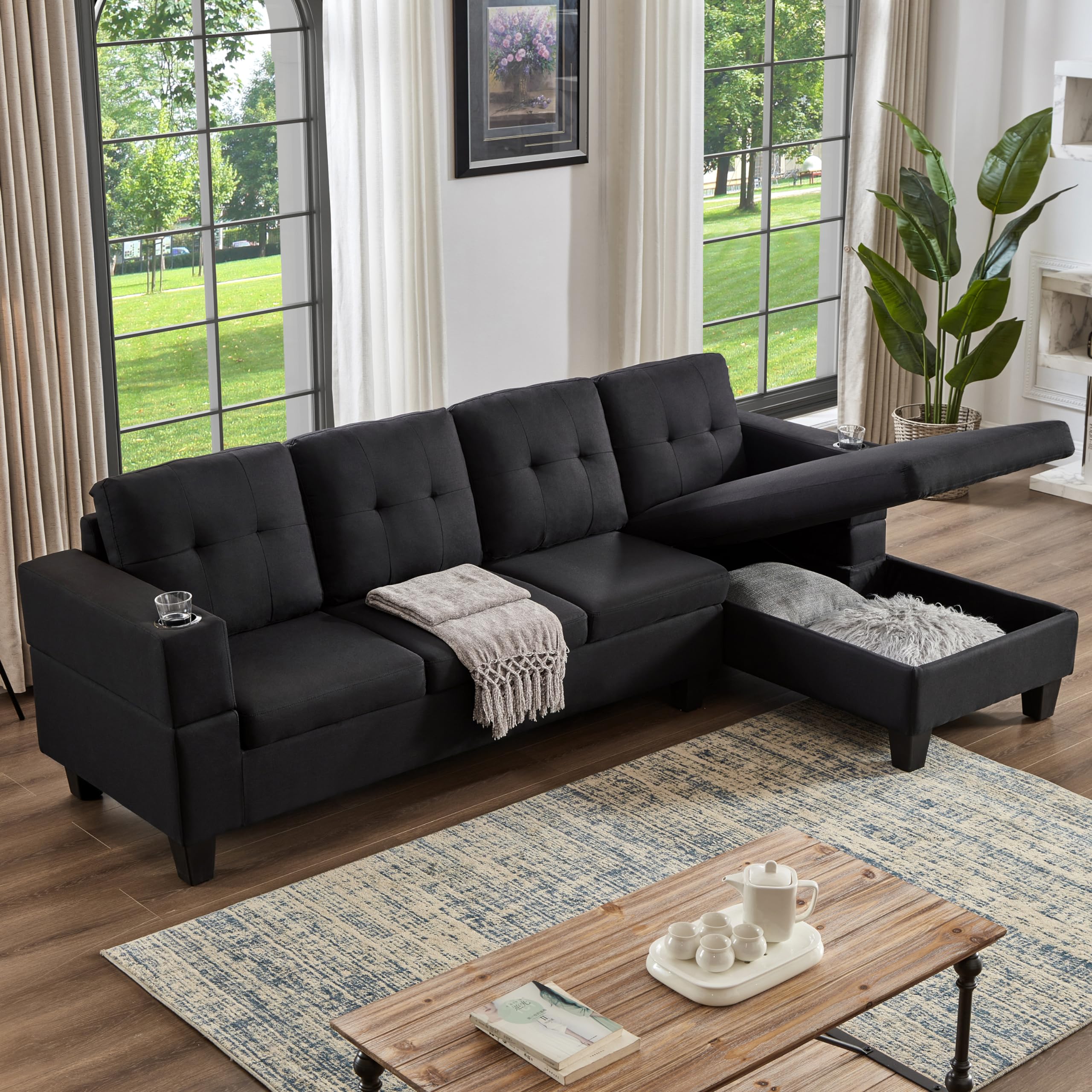 DS-HOMEPORT Black Sectional Sofa Couch Living Room, 4 Seater Convertible L Shaped Couch with Right Chaise, Sectional Sofa with Large Storage, 96.46" D x 59" W x 29.13" H(Right)