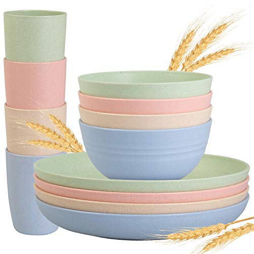 Cainfy Wheat Straw Dinnerware Sets for 4, 12PCS Unbreakable Lightweight Reusable Dinner Plates Camping Bowls Set for Kids, Dishwasher and Microwave Safe