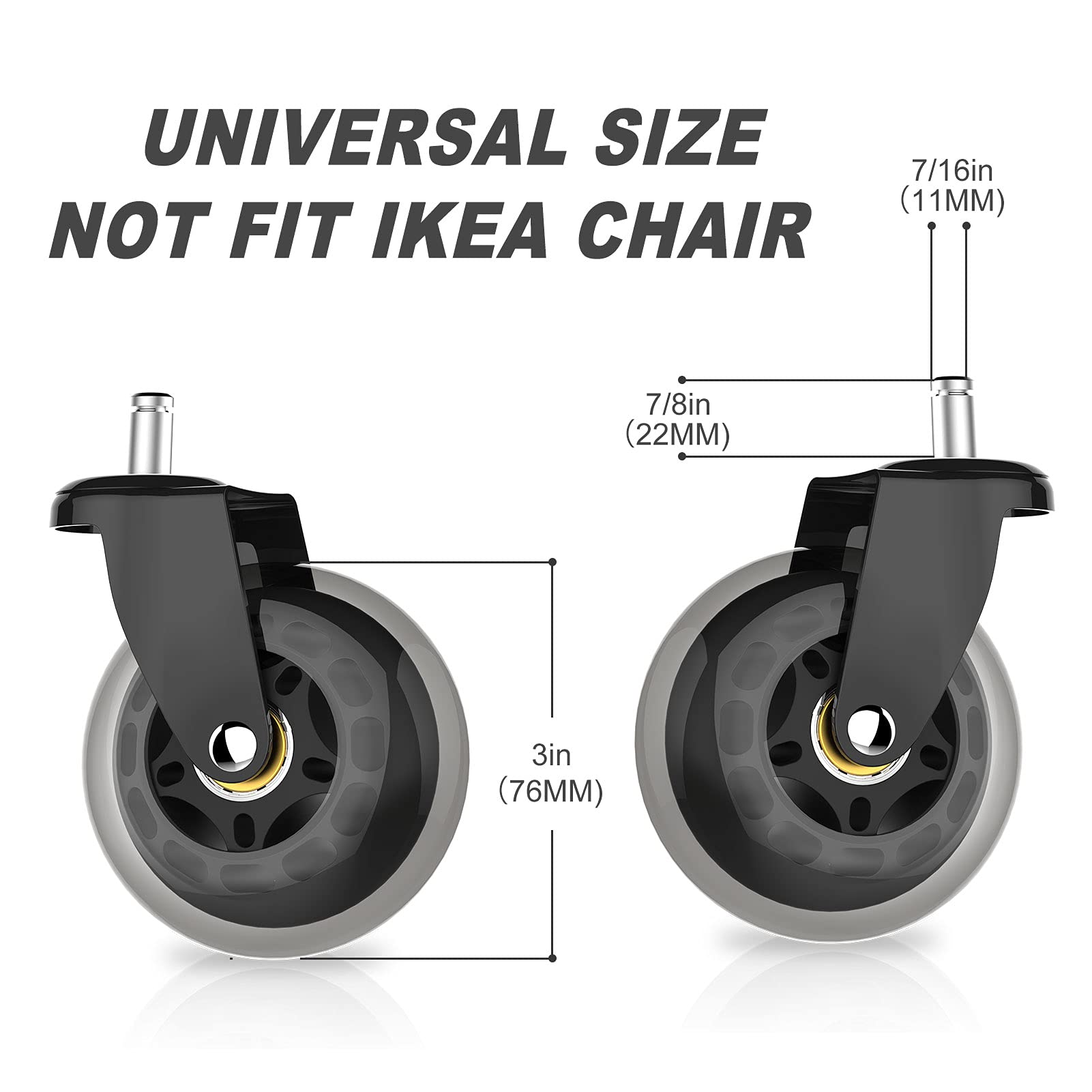 Office Chair Caster Wheels,Heavy Duty Office Chair casters for Chairs to Replace Chair mats ,3"Replacement Chair Casters with 7/16" x 7/8" Stem,Universal fit(Single-Black)