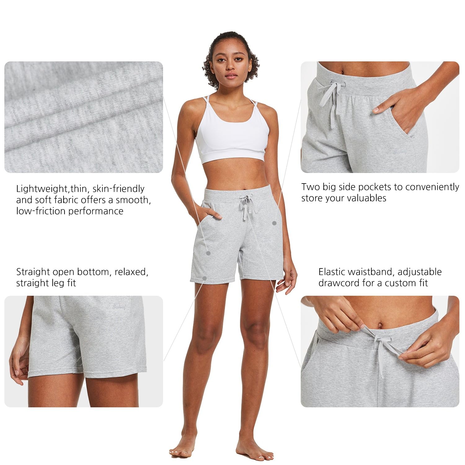BALEAF Women's Cotton Yoga Shorts Sweat Athletic Lounge Beach Shorts Jersey Pull On with Drawstring Pockets Summer Black Size L