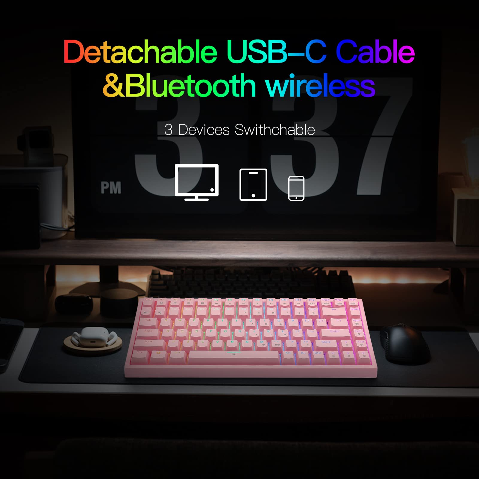 OKKID Wireless Mechanical Keyboard 60%, Bluetooth Wired Gaming Keyboard, Blue Switches, RGB Backlight, CQ84 Wired Keyboard, Compact 84 Keys, for Windows Computers, Tablets, Smartphone
