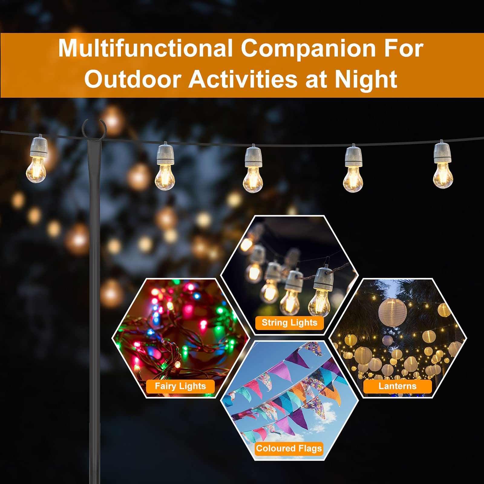 String Light Poles for Outside, 2 Pack 9ft 5 Prong Base Poles for Outdoor String Lights with Hooks- Garden, Backyard, Patio Light Poles for Wedding Party Deck Christmas