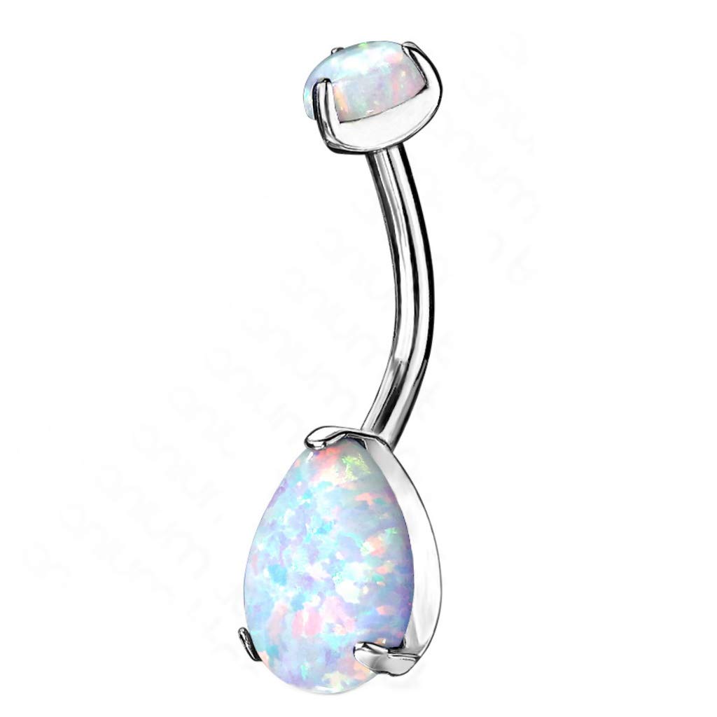 BODY DAZZ 14G Pear Shape Synthetic Opal Grade 23 Titanium Navel Belly Button Ring Curved Barbell (White)