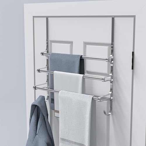 CANYAVE Over The Door Towel Rack, Over Door Towel Rack for Bathroom Door, Triple Towel Storage Holder with Hooks (Silver Gray, 17.32" L)