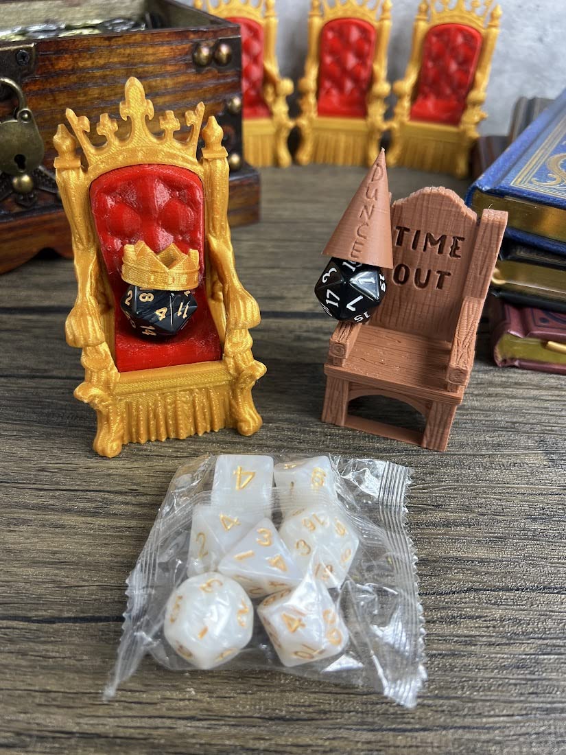 MunnyGrubbers - Dice Jail Cage - Time Out Chair & Dunce Hat - Chair of Shame - Crit Crown & Lucky Throne - (Random 7PC D20 Dice Set Included) - Gift for Dungeons and Dragons - DND - D&D - (Combo A)