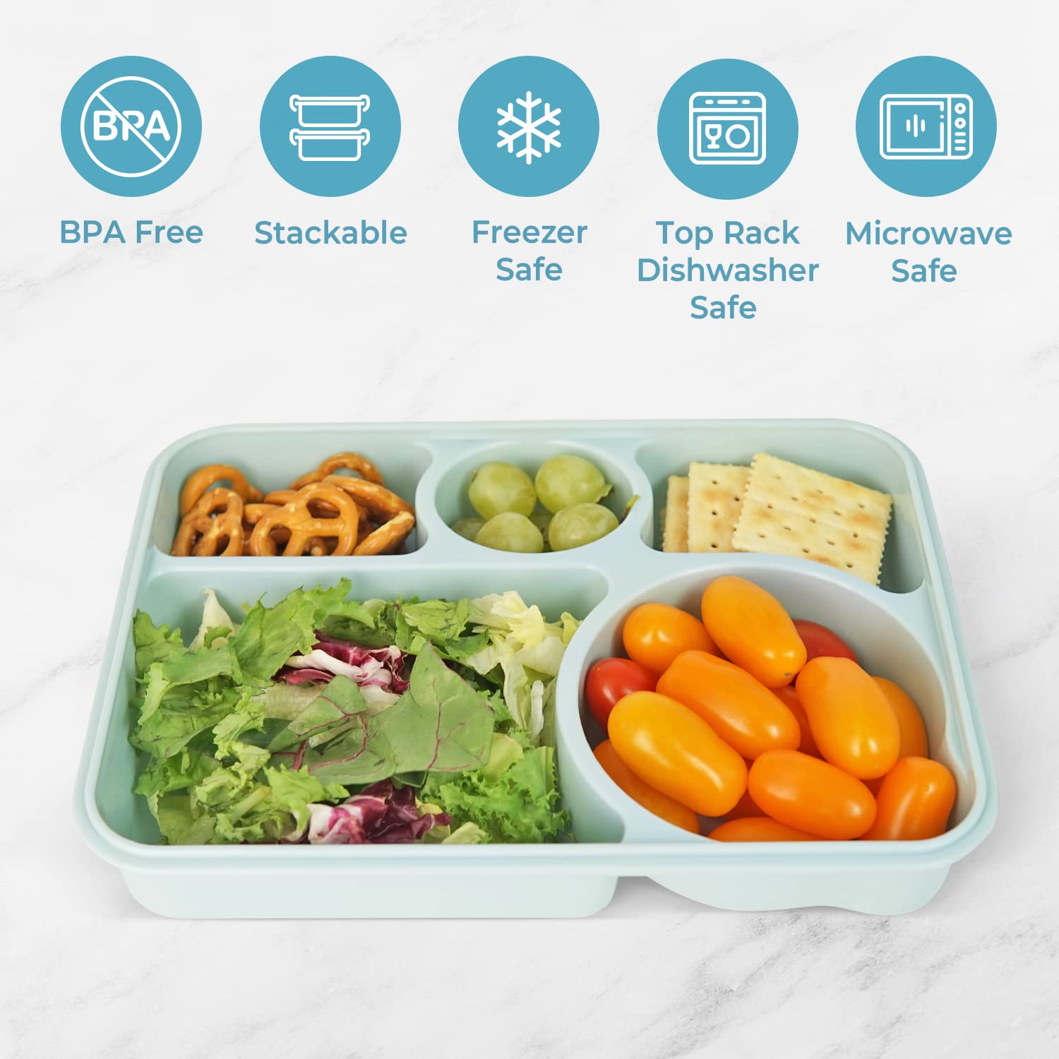 carrotez Portion Control Plate, Microwave Food Storage Tray, 5 Compartment Divided Plate with Lid, Top Rack Dishwasher Safe, BPA Free