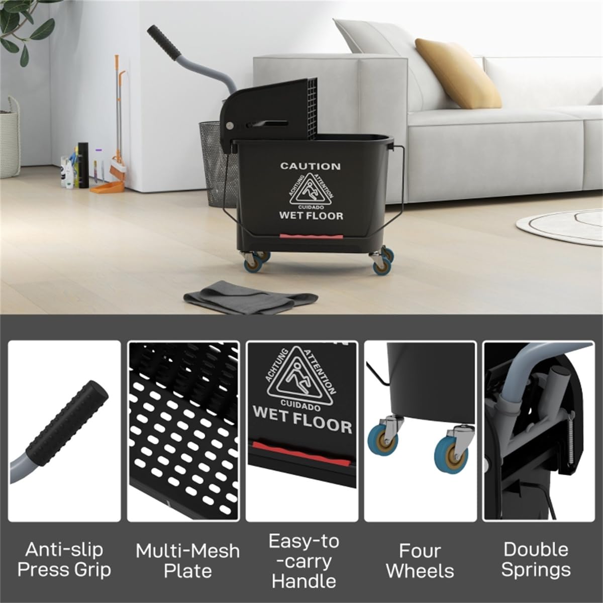 Commercial Mop Bucket with Wringer on Wheels, 21 quart Plastic Tandem Mopping Bucket Dirty Water Separator for Home Office Floor Cleaning
