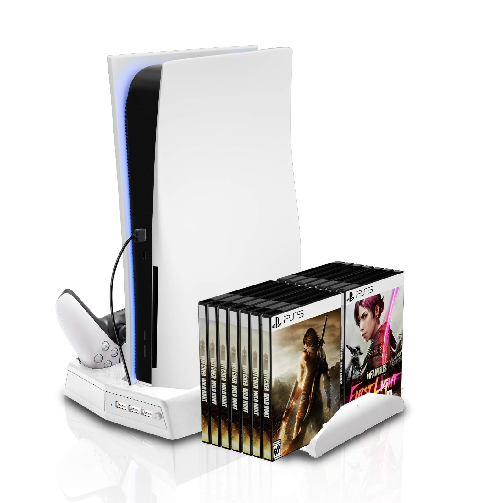 OLYGIVE PS5 Controller Charging Station, PS5 Cooling Fan,Vertical Stand for PlayStation 5 Digital Edition & Ultra HD Game Console with Dual Charger Indicator USB Ports for PS5 - White